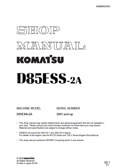 Komatsu D85ESS-2, D85ESS-2A Dozer Service Manual