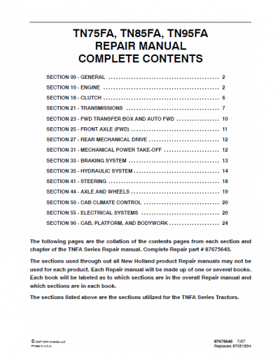 New Holland TN75FA, TN85FA, TN95FA Tractor Service Manual