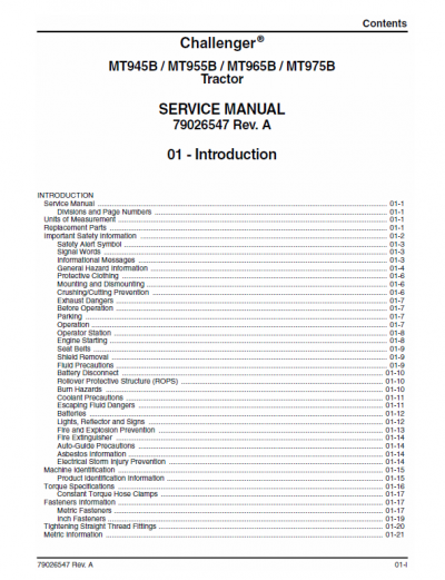 Challenger MT945B, MT955B, MT975B Tractor Workshop Manual