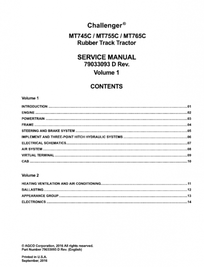 Challenger MT745C, MT755C, MT765C Tractor Service Manual