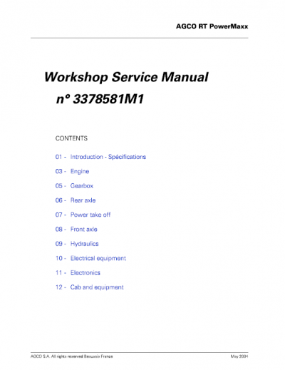AGCO RT100, RT120, RT135, RT150 PowerMaxx CVT Service Manual