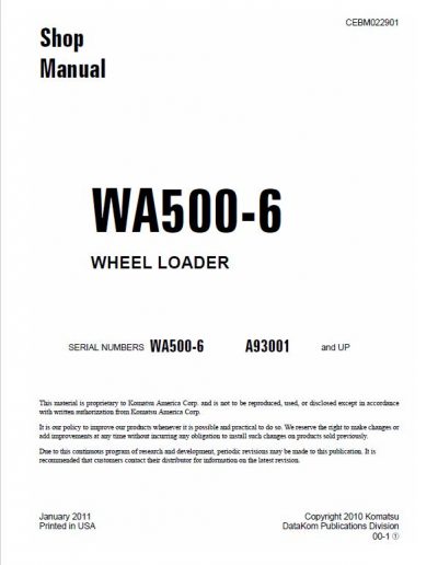 Komatsu WA500-6, WA500-6R, WA500-6, WA500-6RR Wheel Loader Service Manual