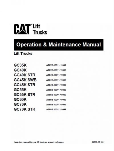 CAT GC35K, GC40K, GC40K STR, GC45K SWB, GC45K STR Lift Truck Service Manual
