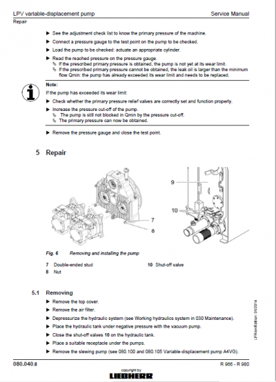Liebherr R956, R960 SME, R966, R970 SME, R976, R980 SME Excavator Manual