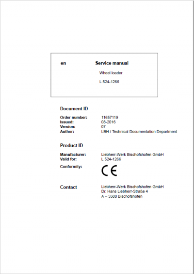 Liebherr L524 Type 1266 Wheel Loader Service Manual
