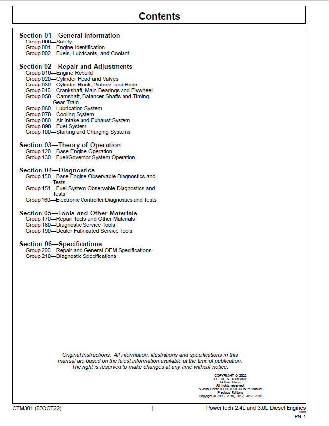 John Deere 2.4L & 3.0L Diesel Engines Repair Technical Manual (CTM301)