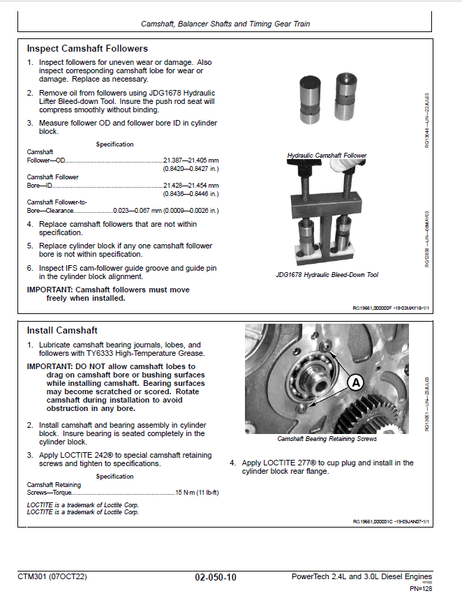 John Deere 2.4L & 3.0L Diesel Engines Repair Technical Manual (CTM301)