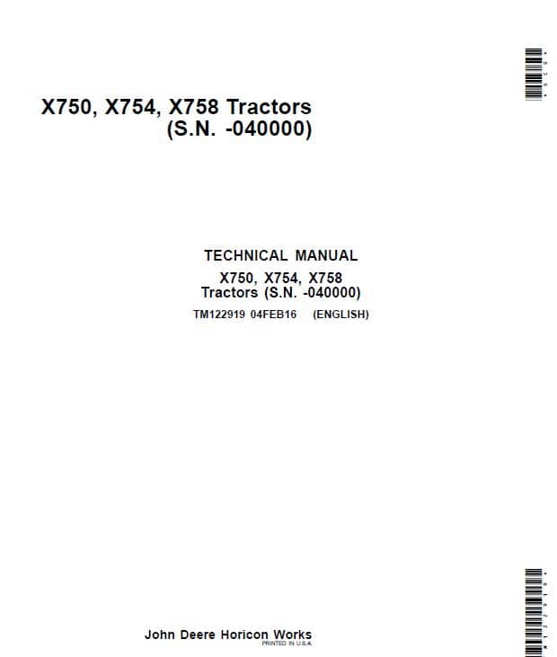 John Deere X750, X754, X758 Lawn Tractor Repair Technical Manual (SN ...