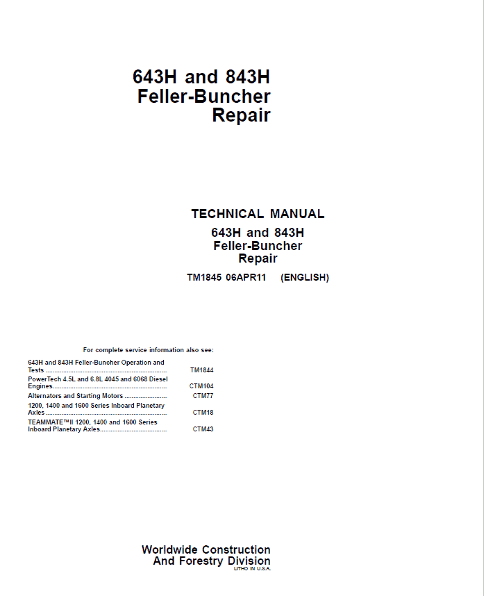 John Deere 643H, 843H Feller Buncher Service Repair Manual (TM1844 and ...