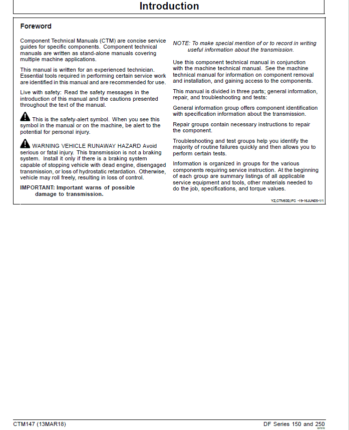 John Deere DF Series 150, 250 Transmissions (Analog) Repair Manual (CTM147) John Deere DF Series 150, 250 Transmissions (Analog) Repair Manual (CTM147)