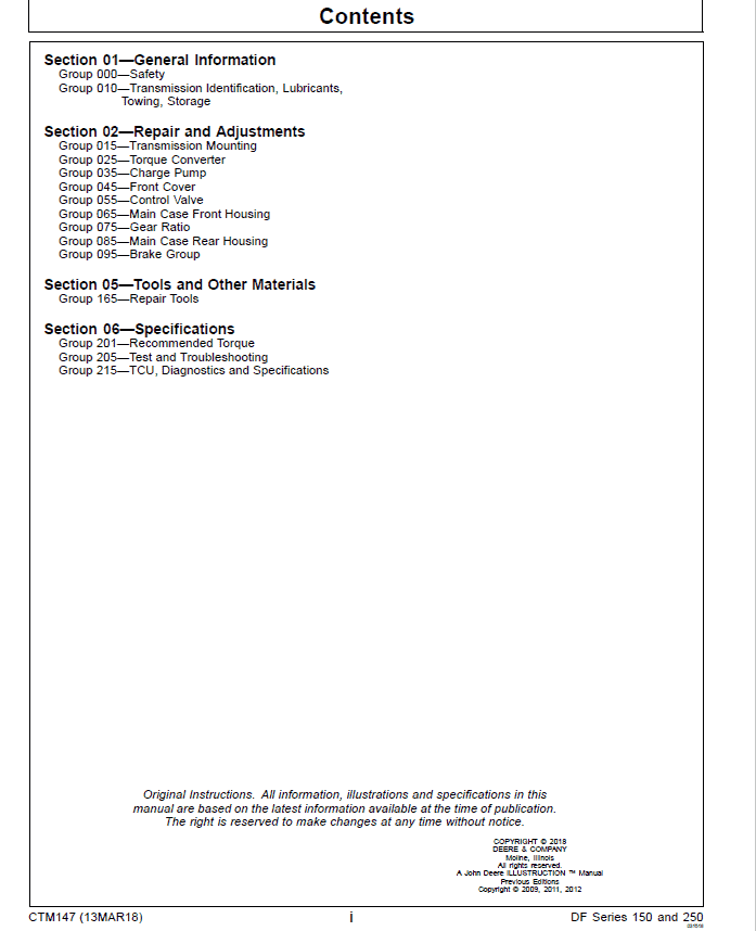 John Deere DF Series 150, 250 Transmissions (Analog) Repair Manual (CTM147) John Deere DF Series 150, 250 Transmissions (Analog) Repair Manual (CTM147)