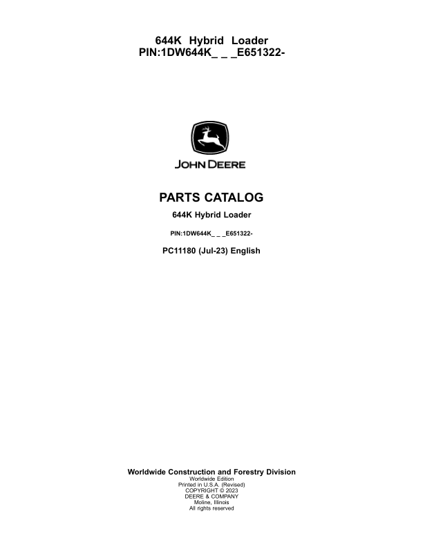 John Deere 644K HYBRID Loaders (SN 1DW644K_ E651322-) Parts Catalog ...
