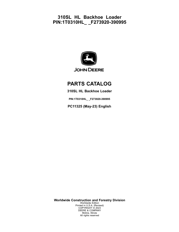 John Deere 310SL HL Backhoe Loaders (SN F273920-390995) Parts Catalog ...