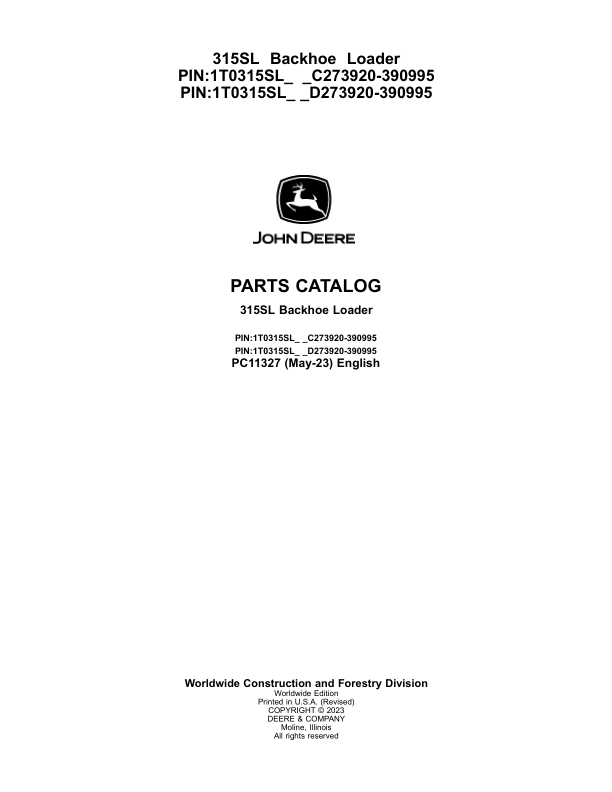 John Deere 315SL Backhoe Loaders (SN C273920-390995 & D273920-390995 ...