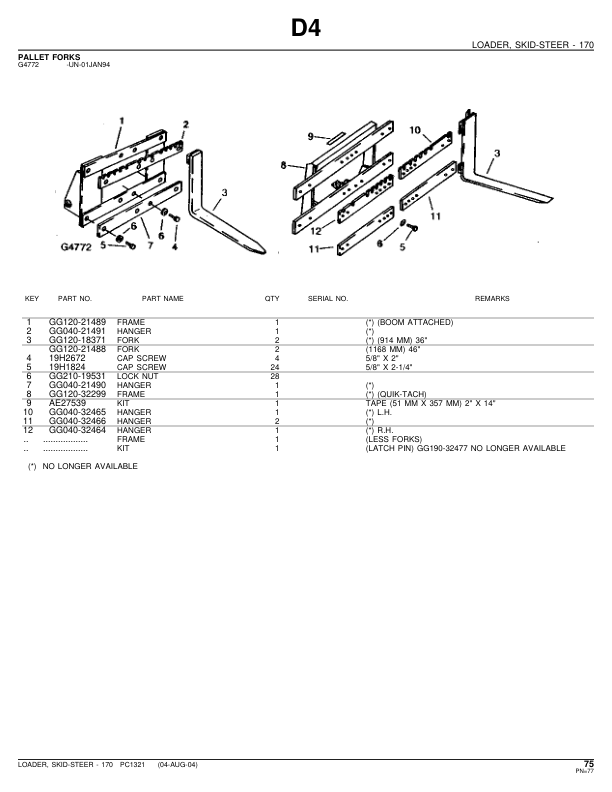 John Deere 170 Skid Steers Parts Catalog Manual - PC1321