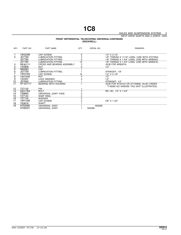 John Deere 644C Loaders Parts Catalog Manual - PC1790