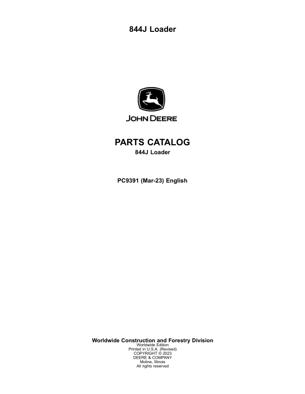 John Deere 844J Loaders Parts Catalog Manual - PC9391
