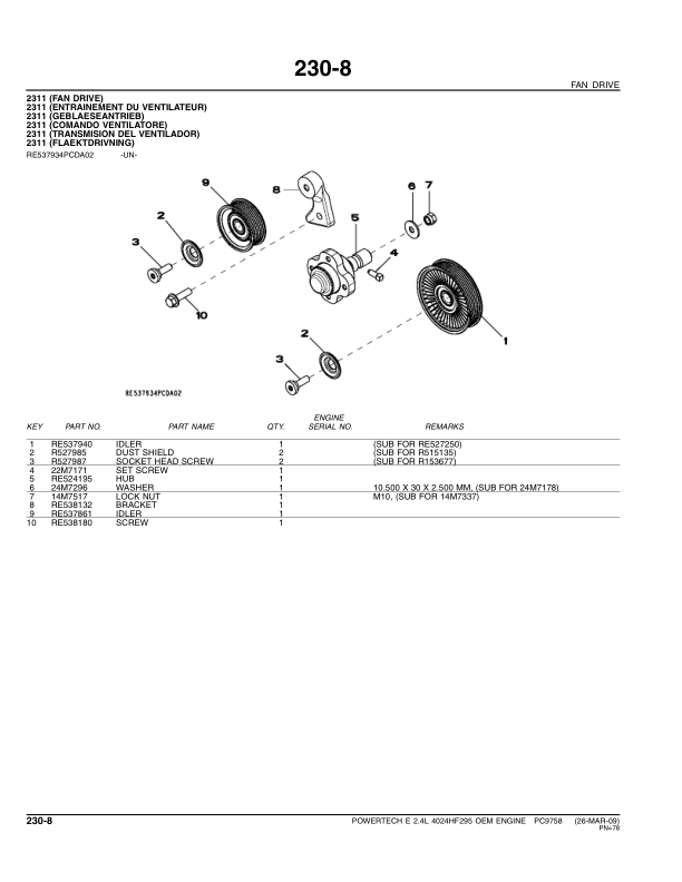 John Deere 2.4L, 4024HF295 Engines Parts Catalog Manual - PC9758