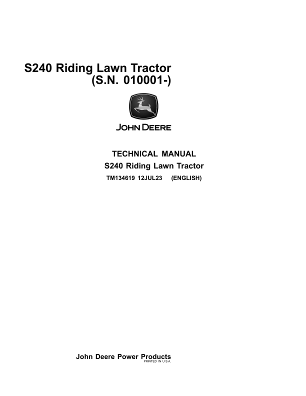John Deere S240 Riding Lawn Tractor Service Repair Manual (TM134619 ...