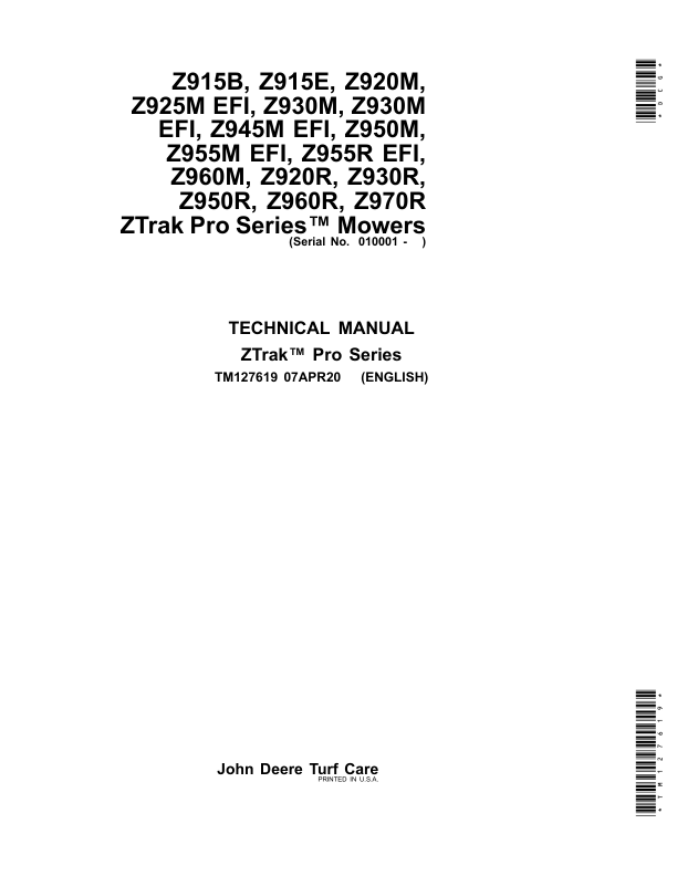 John Deere Z915B, Z915E, Z920M, Z925M EFI, Z930M, Z930M EFI, Z945M EFI ...