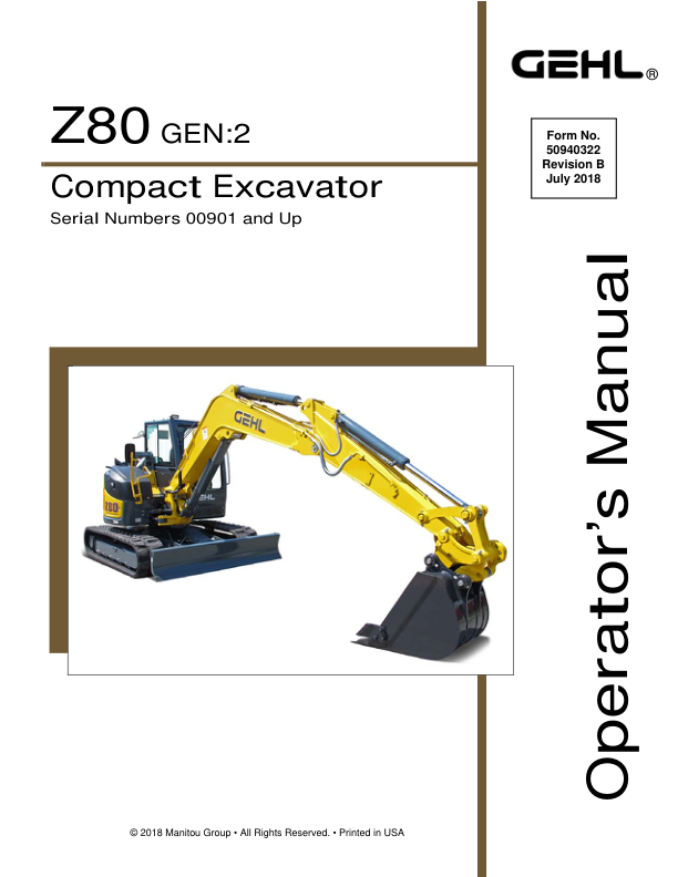 Gehl Z80 Gen 2, Mustang 800Z Nxt 2 Compact Excavator Repair Service Manual