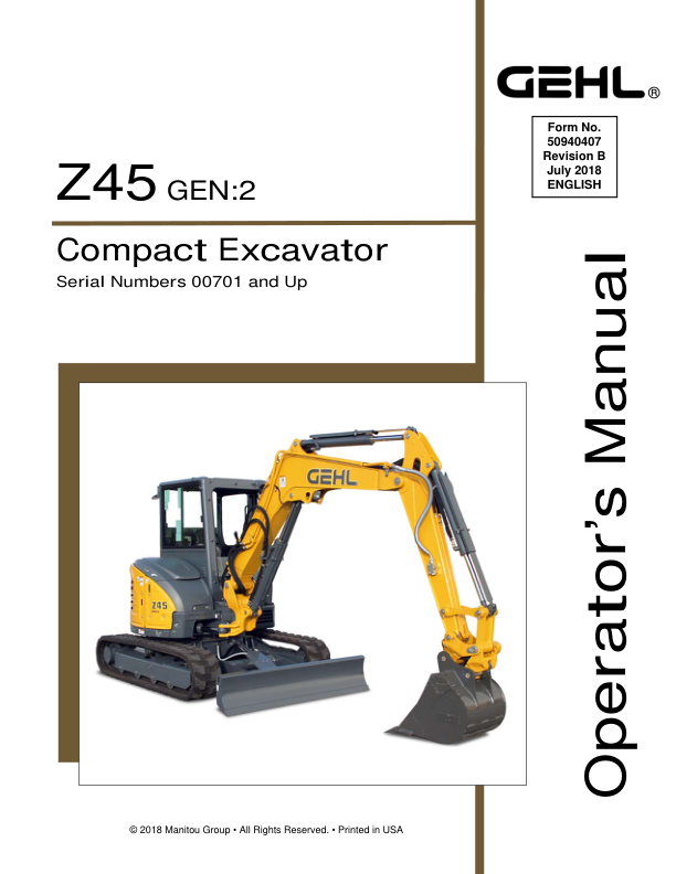 Gehl Z45 Gen 2, Mustang 450Z Nxt 2 Compact Excavator Repair Service Manual