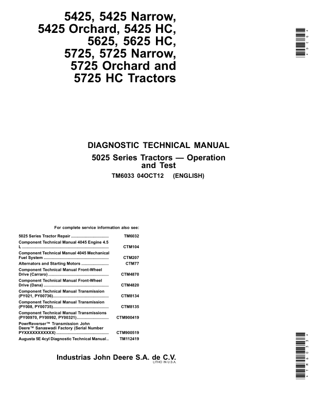 John Deere 5425, 5425 Narrow, 5425 Orchard, 5425 HC, 5625, 5625 HC ...