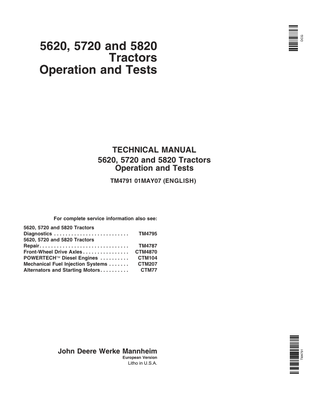 John Deere 5620, 5720, 5820 Tractors Service Repair Manual
