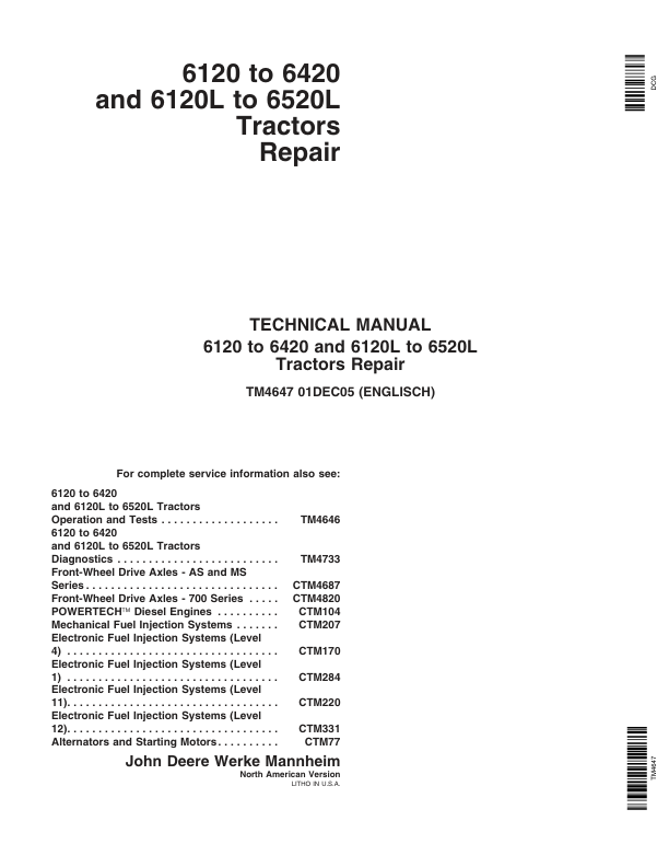 John Deere 6120, 6220, 6320, 6420 Tractors Repair Manual (North America ...