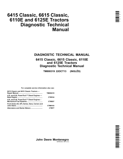 John Deere 6415 Classic, 6615 Classic, 6110E, 6125E Tractors Repair Manual