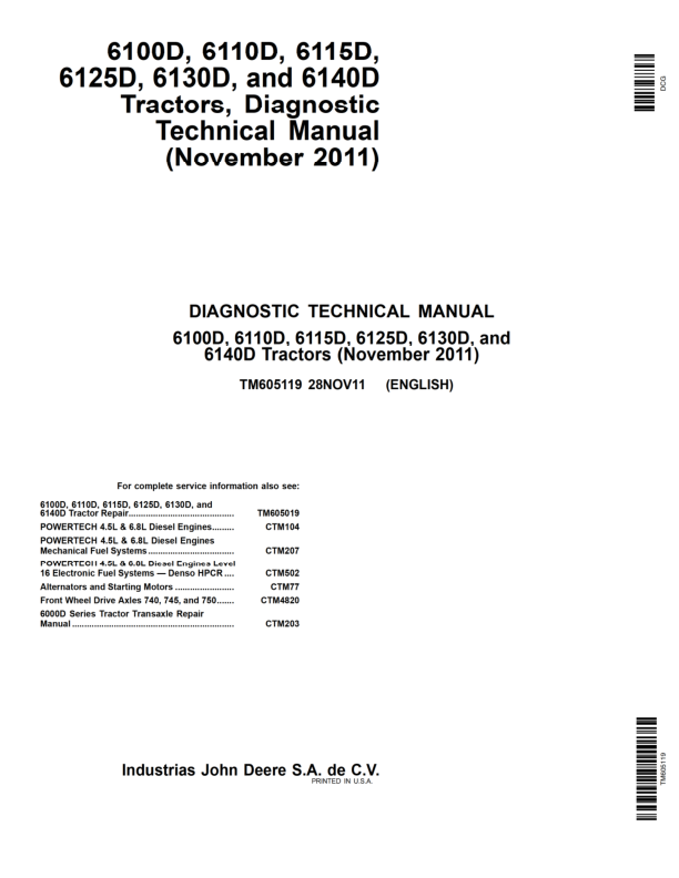 John Deere 6100D, 6110D, 6115D, 6125D, 6130D, 6140D Tractors Repair Manual