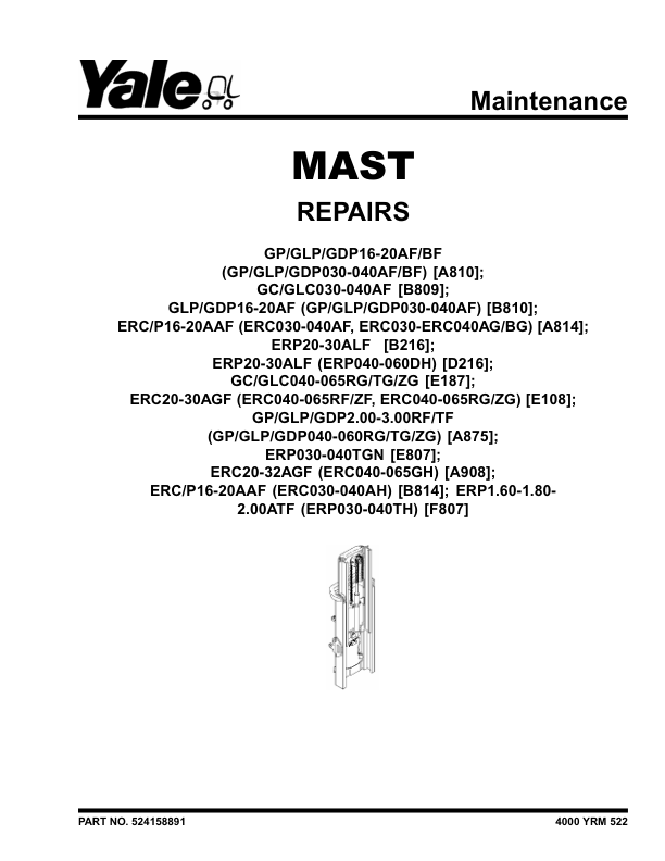 Yale ERP16ATF, ERP18ATF, ERP20ATF Electric Forklift D807 Series Repair Manual
