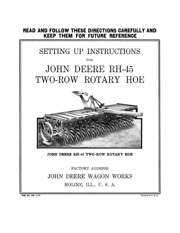 John Deere RH-45 Two-Row Rotary Hoe Operator's Manual (DIR103A)