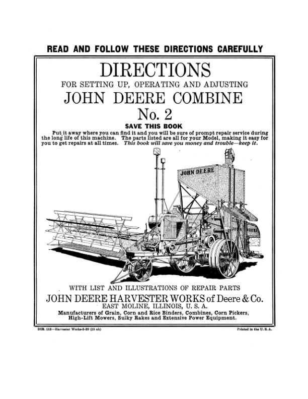 John Deere No. 2 Combine - Setup & Adjustments Operator's Manual (DIR113A)