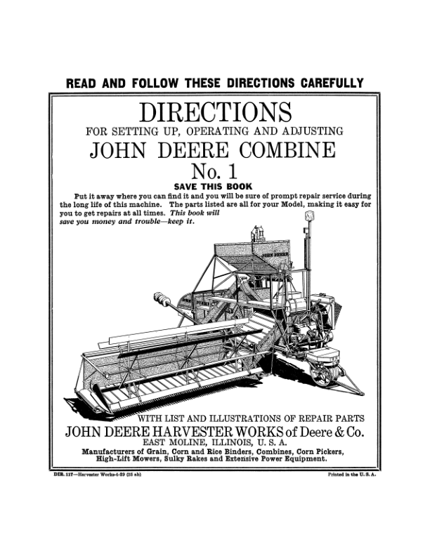 John Deere No. 1 Combine Setup & Adjustments Operator's Manual (DIR117A)