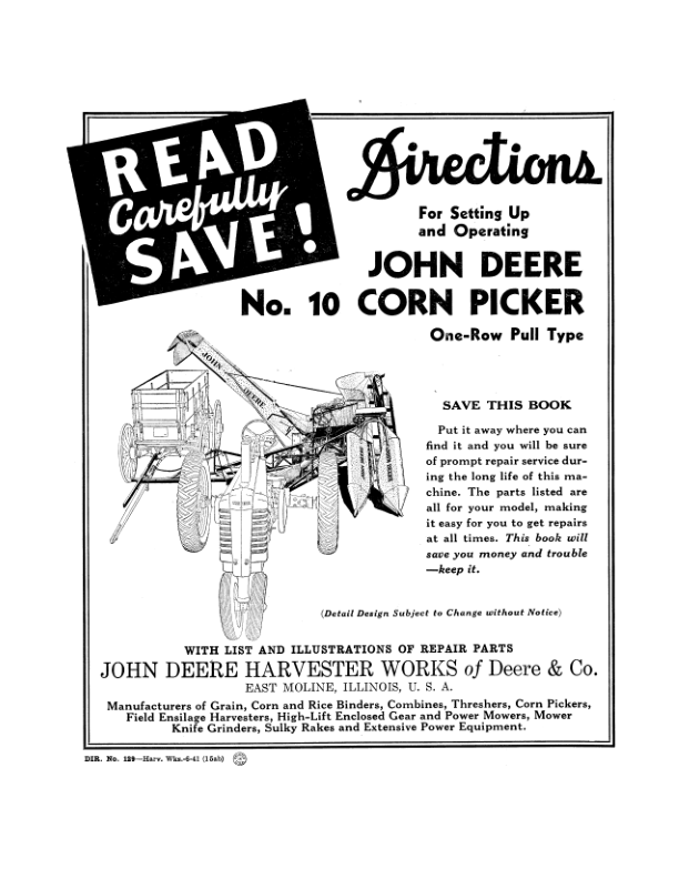 John Deere No. 10 Corn Picker - Setup & Operation Operator's Manual ...