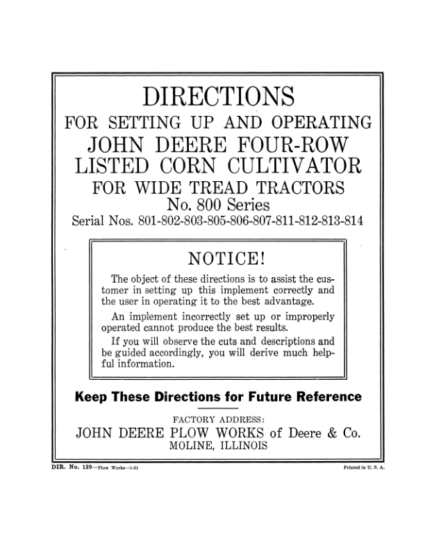 John Deere No. 800 Series Four-Row Listed Corn Cultivator for Wide ...