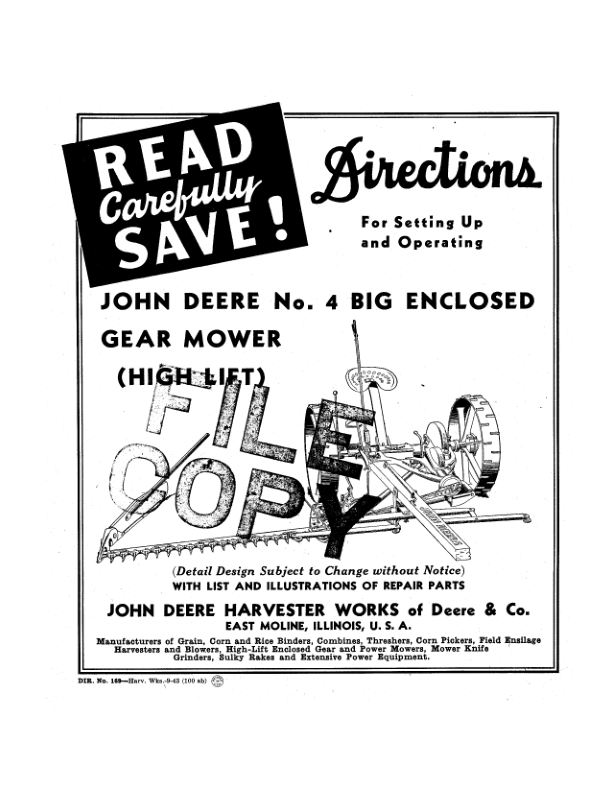 John Deere No. 4 Big Enclosed Gear Mower (High Lift) Operator's Manual ...