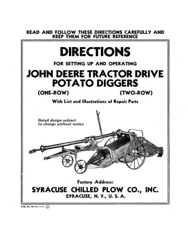 John Deere John DeereTractor Drive Potato Diggers (1-, 2-Rows) Operator ...