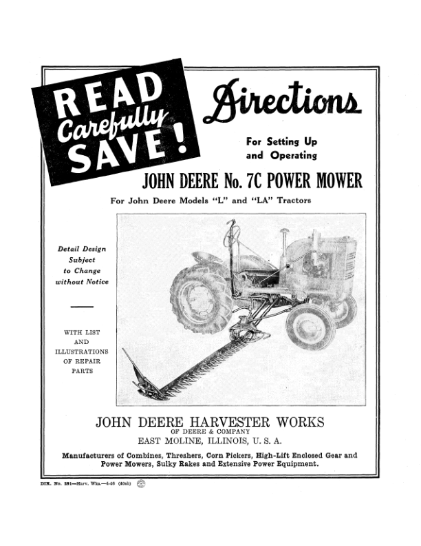 John Deere No. 7C Power Mower on 'L', 'LA' Model Tractors Operator's ...