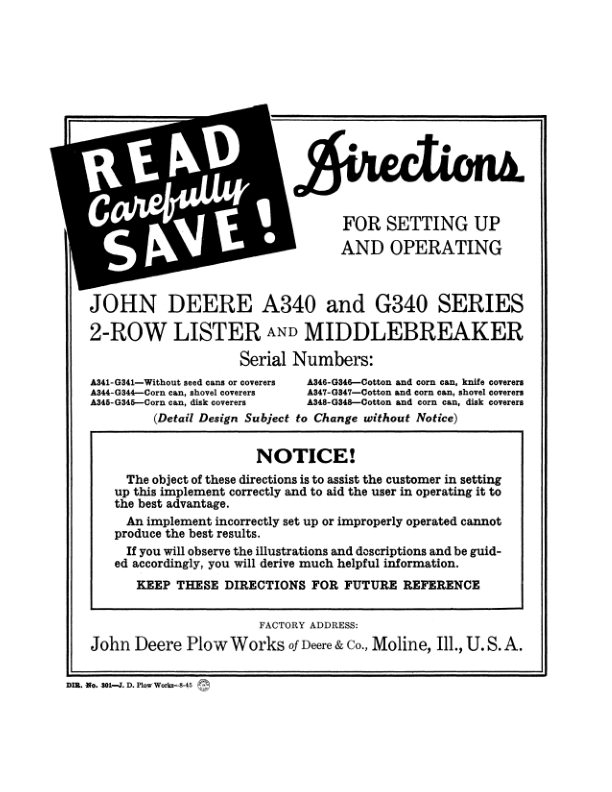John Deere A340, G340 Series 2-Row Lister, Middlebreaker Operator's ...