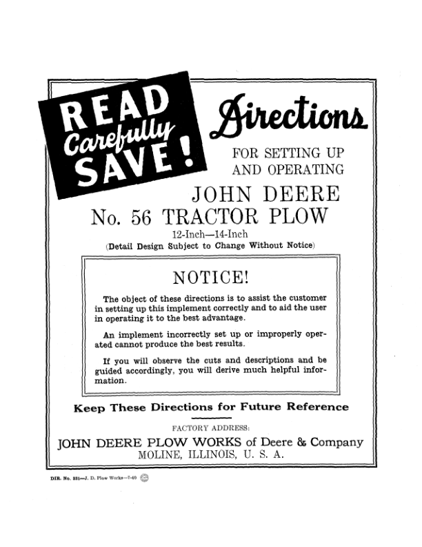 John Deere 56 Series Moldboard Plows Operator's Manual (DIR331)