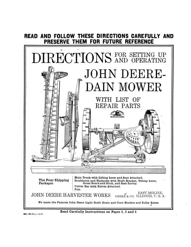 John Deere Dain Mower (With Repair Parts List) Operator's Manual (DIR39A)