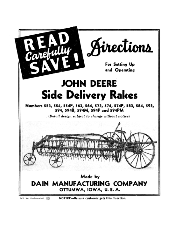 John Deere Side Delivery Rakes Operator's Manual (DIR57)