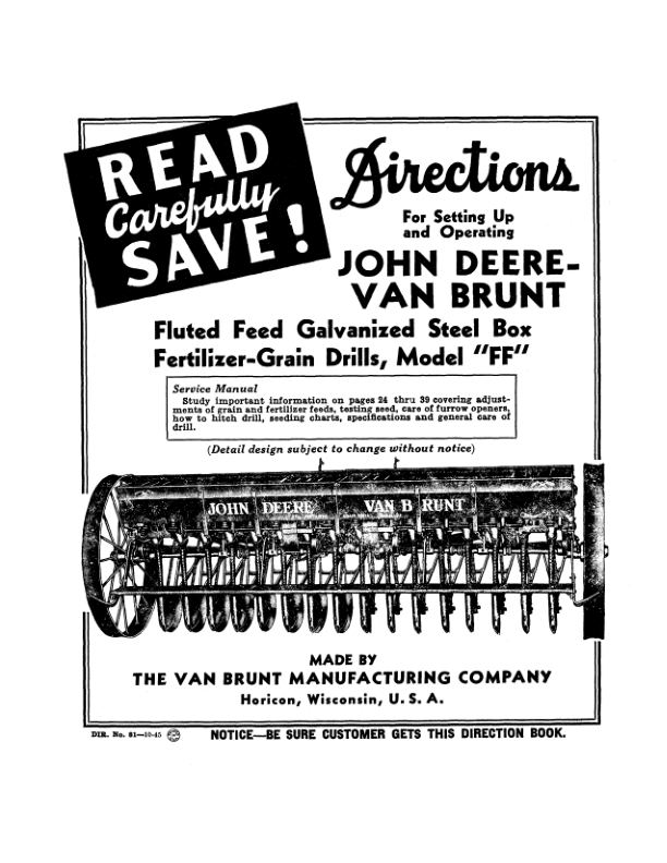 John Deere Van Brunt Fluted Feed Fertilizer- FF Grain Drills Operator's ...