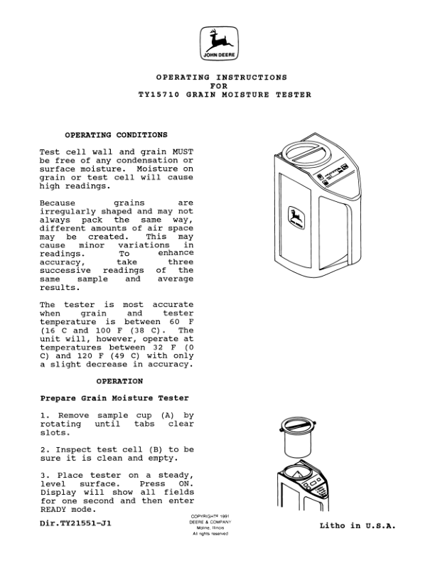 John Deere TY15710 Grain Moisture Tester Operator's Manual (DIRTY21551)