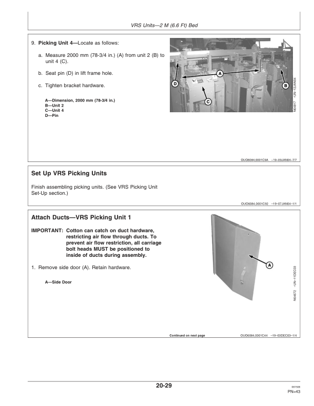 John Deere 9970, 9976, 9986 Cotton Pickers Guide for Vari-Row System ...