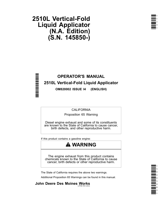 John Deere 2510L Vertical-Fold Liquid Applicator (145850-) Operator's ...