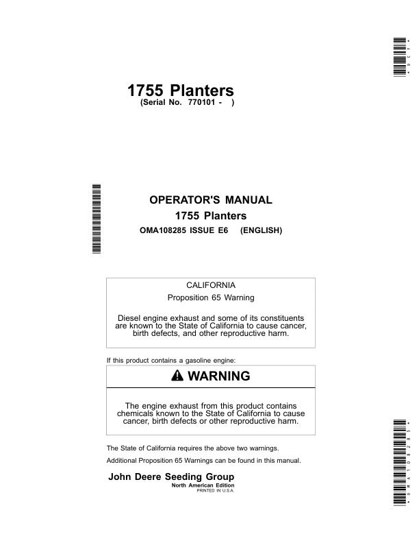 John Deere 1755 Planters (North American) Operator's Manual (OMA108285)
