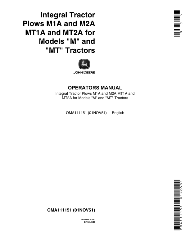 John Deere Integral Tractor Plows M1A, M2A, MT1A, MT2A Operator's Manual (OMA111151)